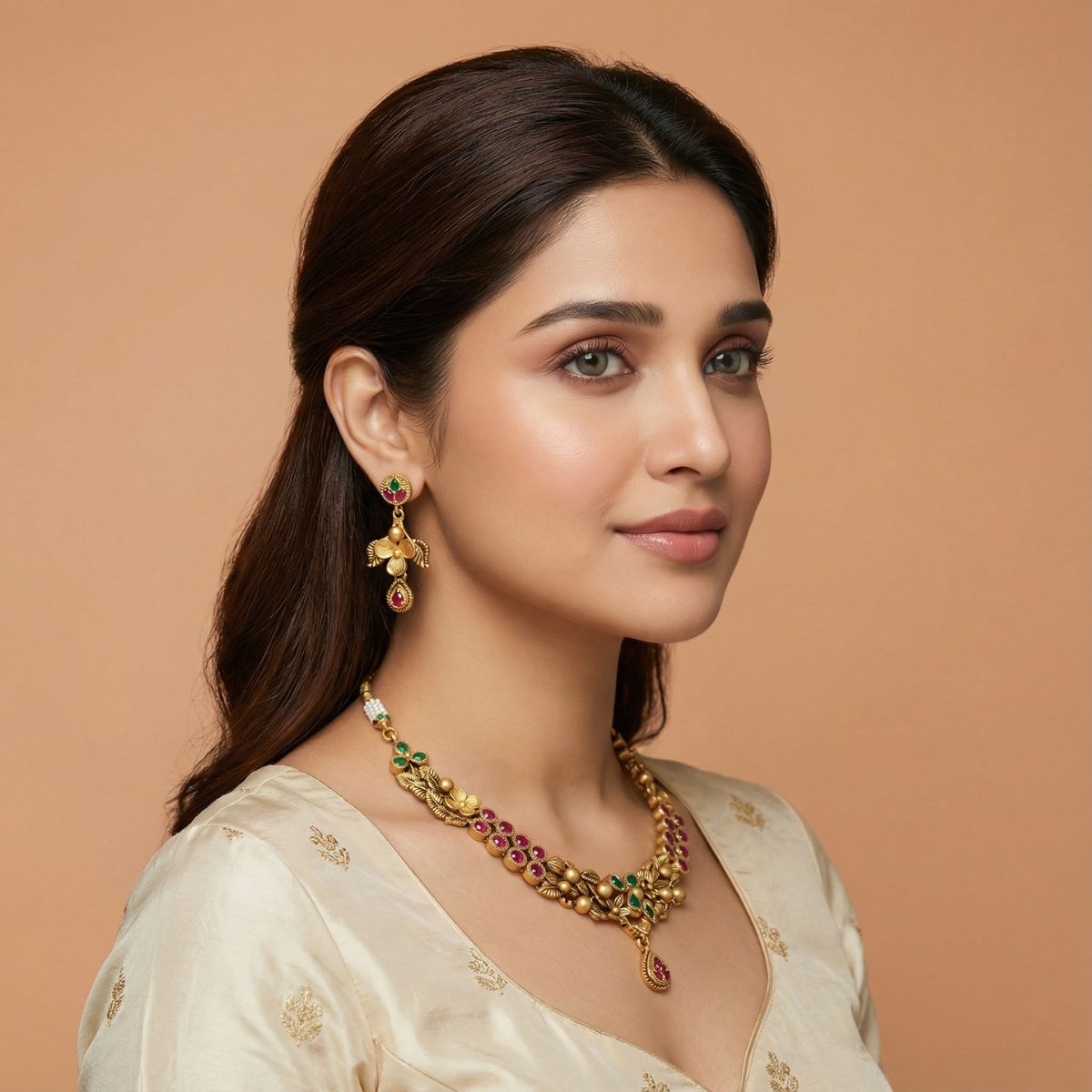 Vanika Floral Ruby-Emerald 92.5 Silver Necklace Set– Sankhesh Jewellers