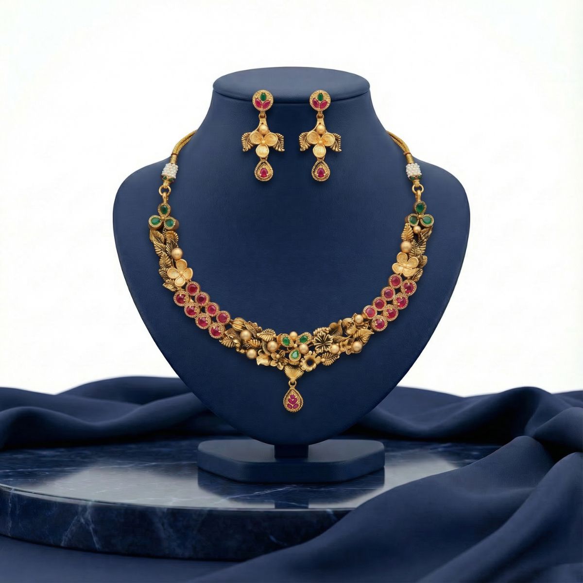Vanika Floral Ruby-Emerald 92.5 Silver Necklace Set– Sankhesh Jewellers