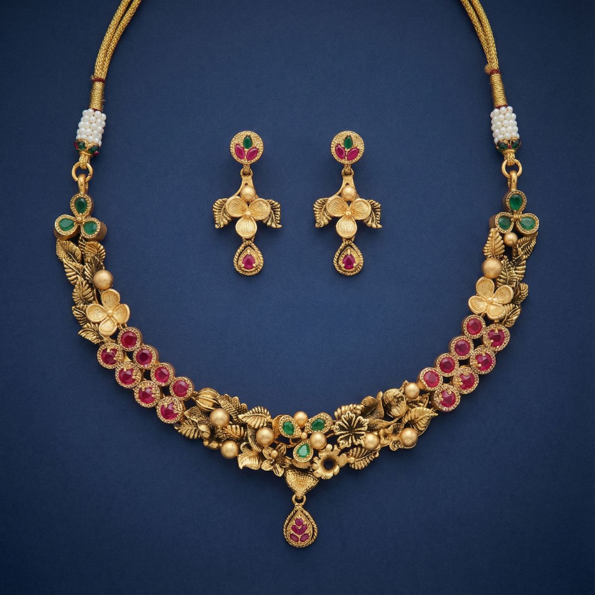 Vanika Floral Ruby-Emerald 92.5 Silver Necklace Set– Sankhesh Jewellers